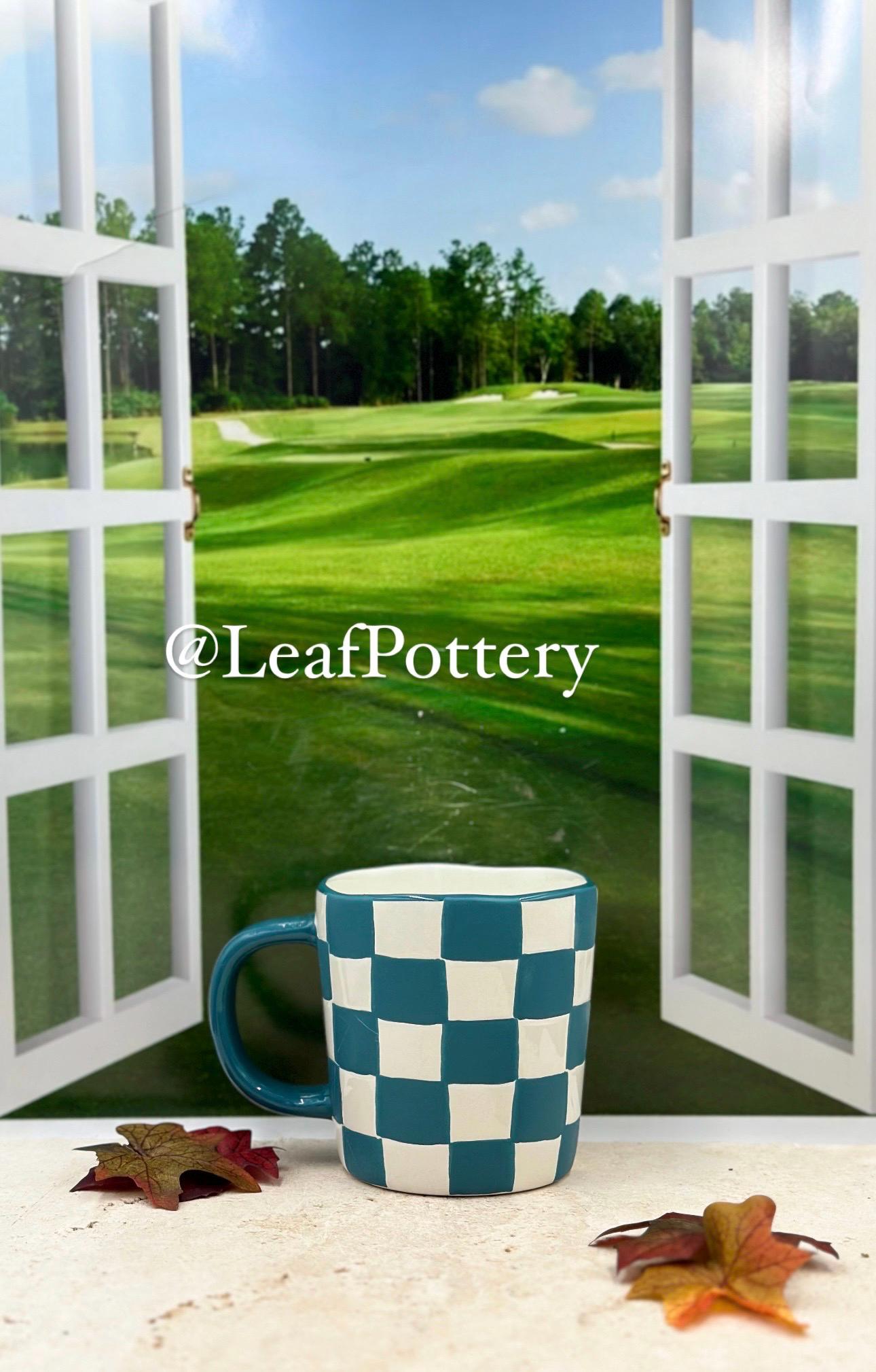Hand Painted Checkered pattern Blue/white Ceramic 18oz Mug/ Retro Mug ...