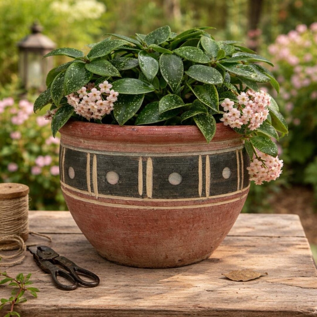 Rustic Terra Cotta Barrel Planter - Hand-painted Red & Black Clay Pot ...