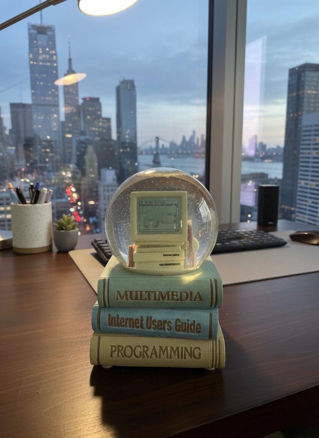 Vintage Computer Snow Globe - Retro PC on Book Stack "programming ...