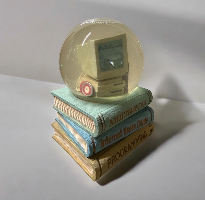 Vintage Computer Snow Globe - Retro PC on Book Stack "programming ...