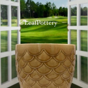 Scalloped Ceramic Barrel Planter - 8" Tan Mermaid Scale Flower Pot ...
