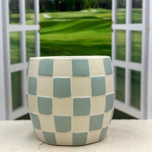 Checkered White /blue Clay Planter Pot/ Planters and Pots/ Birthday ...