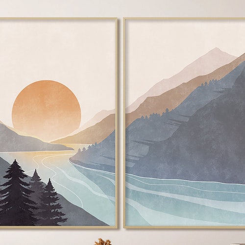 Landscape Print Set Sun and Mountain Wall Art Print Set of - Etsy