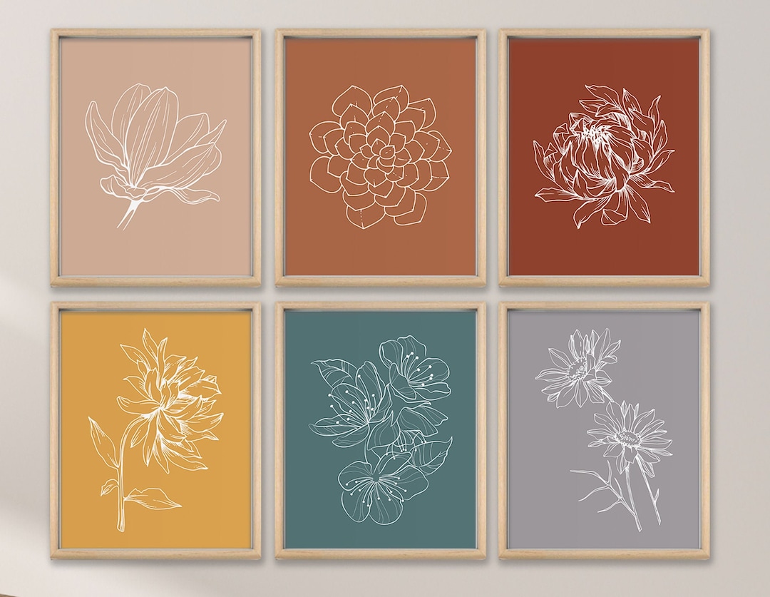 Set of 6 Boho Prints, Aesthetic Room Decor, Botanical Colors Art Set ...