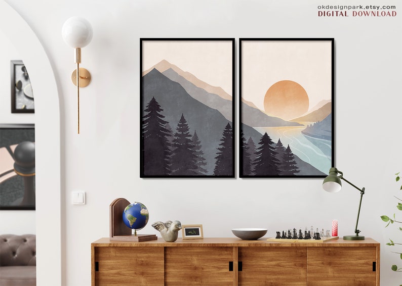 Sun and Mountain Wall Art Abstract Mountain Masculine Wall - Etsy