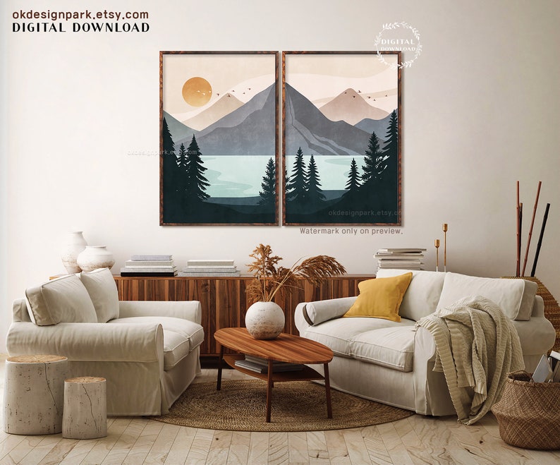 Sunset Poster, Masculine Wall Art, Sun and Mountain Wall Art, Abstract ...