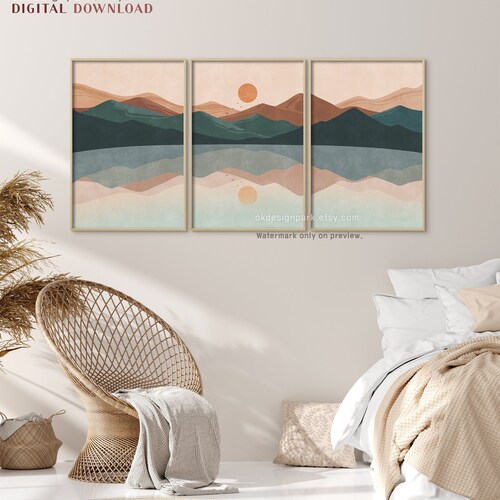 Abstract Mountain Print Set of 3 Minimal Blue Mountain - Etsy