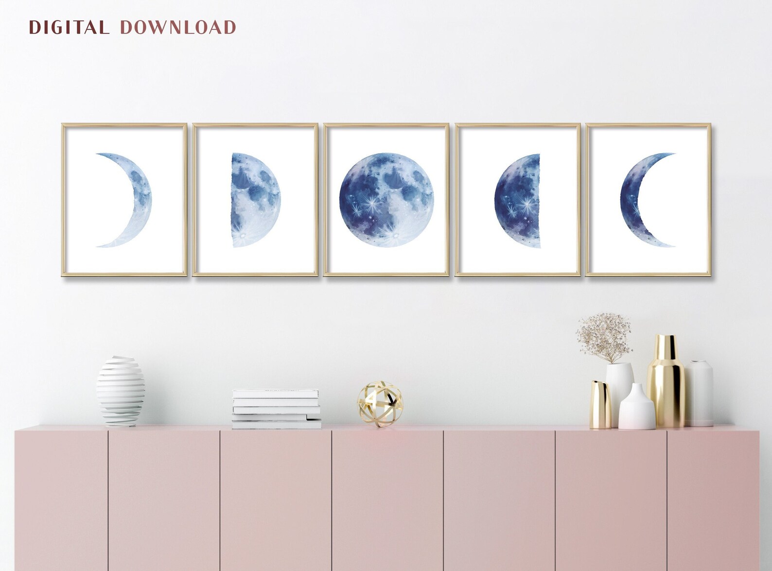 Moon Wall Art Moon Phase Print Set of 5 Moon Prints Living - Etsy