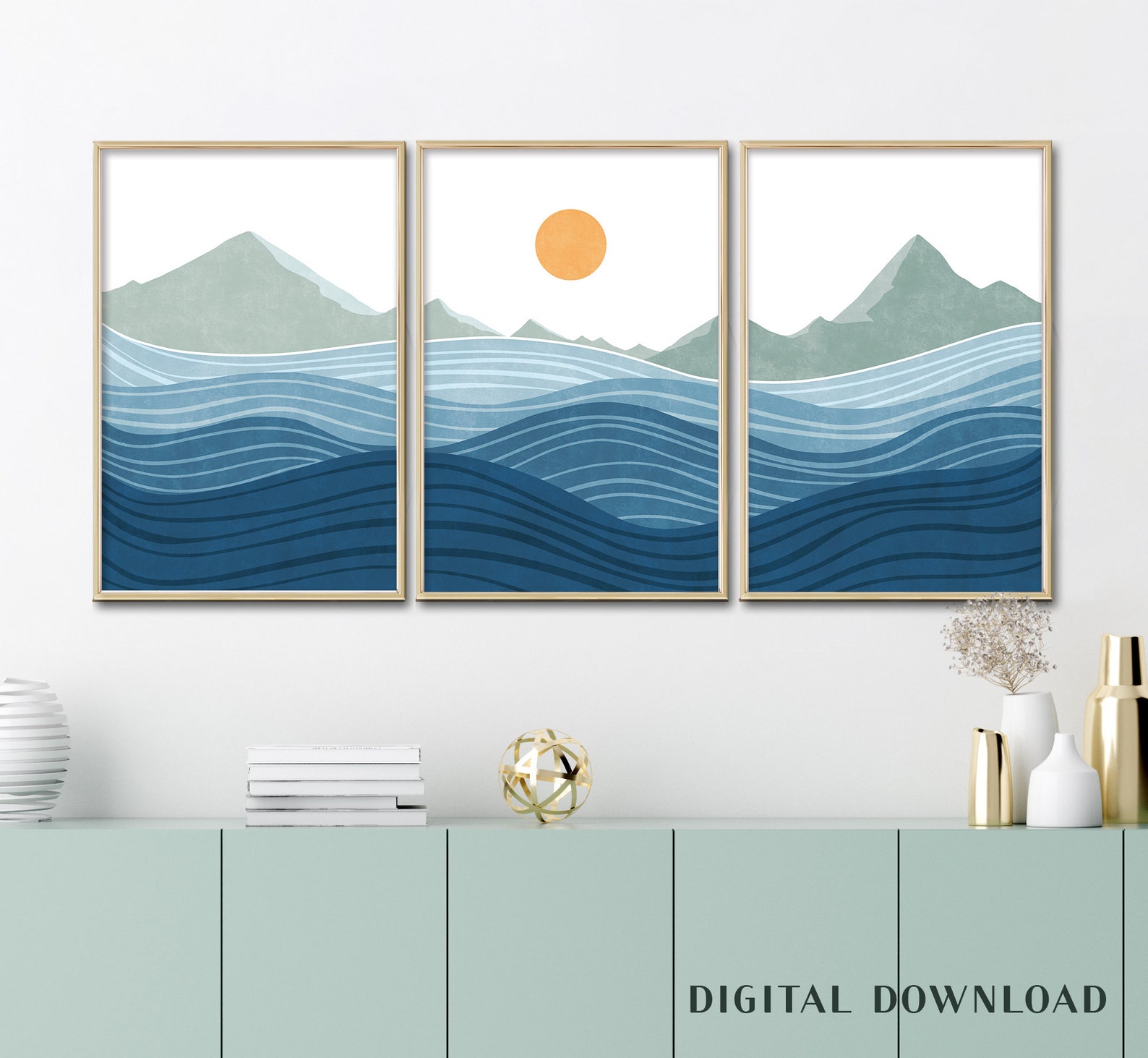 Ocean Waves Print Boho Sun Art Blue Abstract Wall Art 3 Set - Etsy