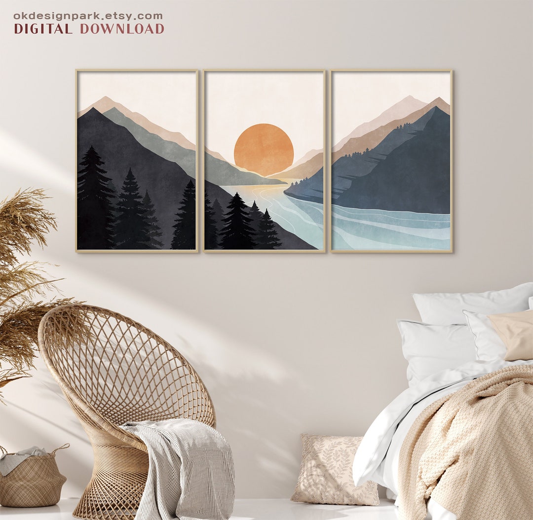 Abstract Mountain Sun and Mountain Wall Art Landscape Print - Etsy