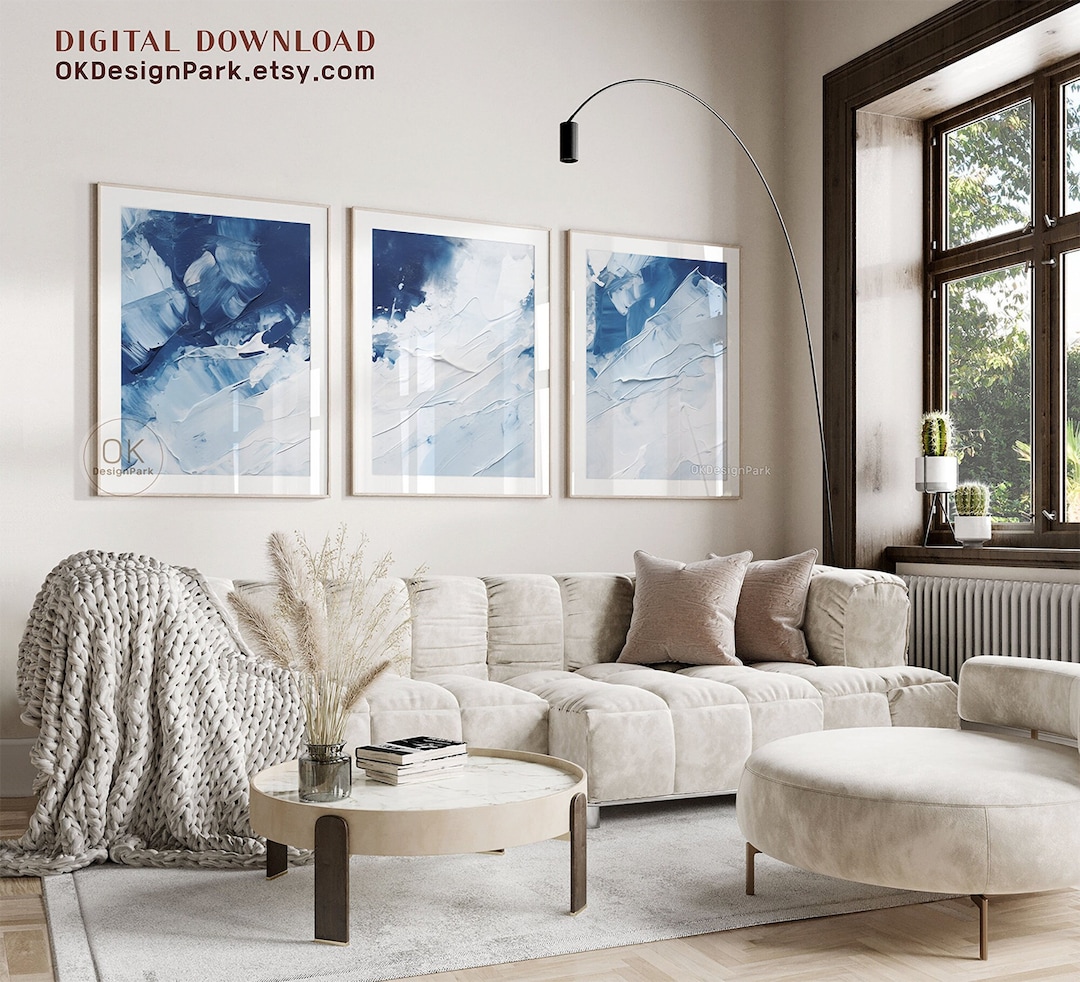 Abstract Blue Wall Art Set of 3 Prints, Blue Abstract Wall Art, Modern ...
