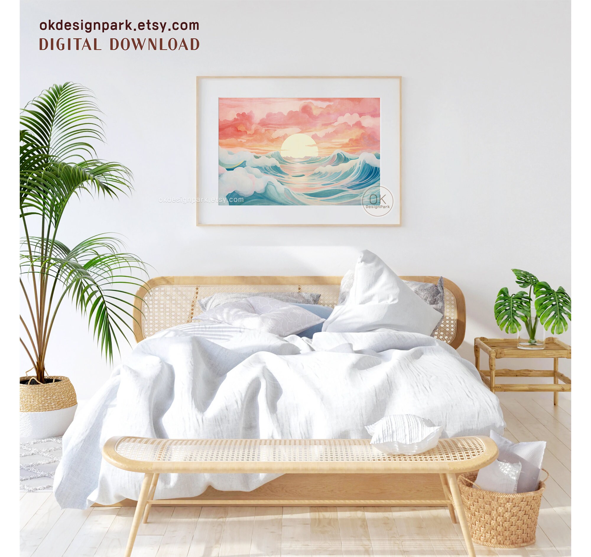 Colorful Sunset Print, Pastel Wall Art, Ocean Waves Print, Bedroom ...