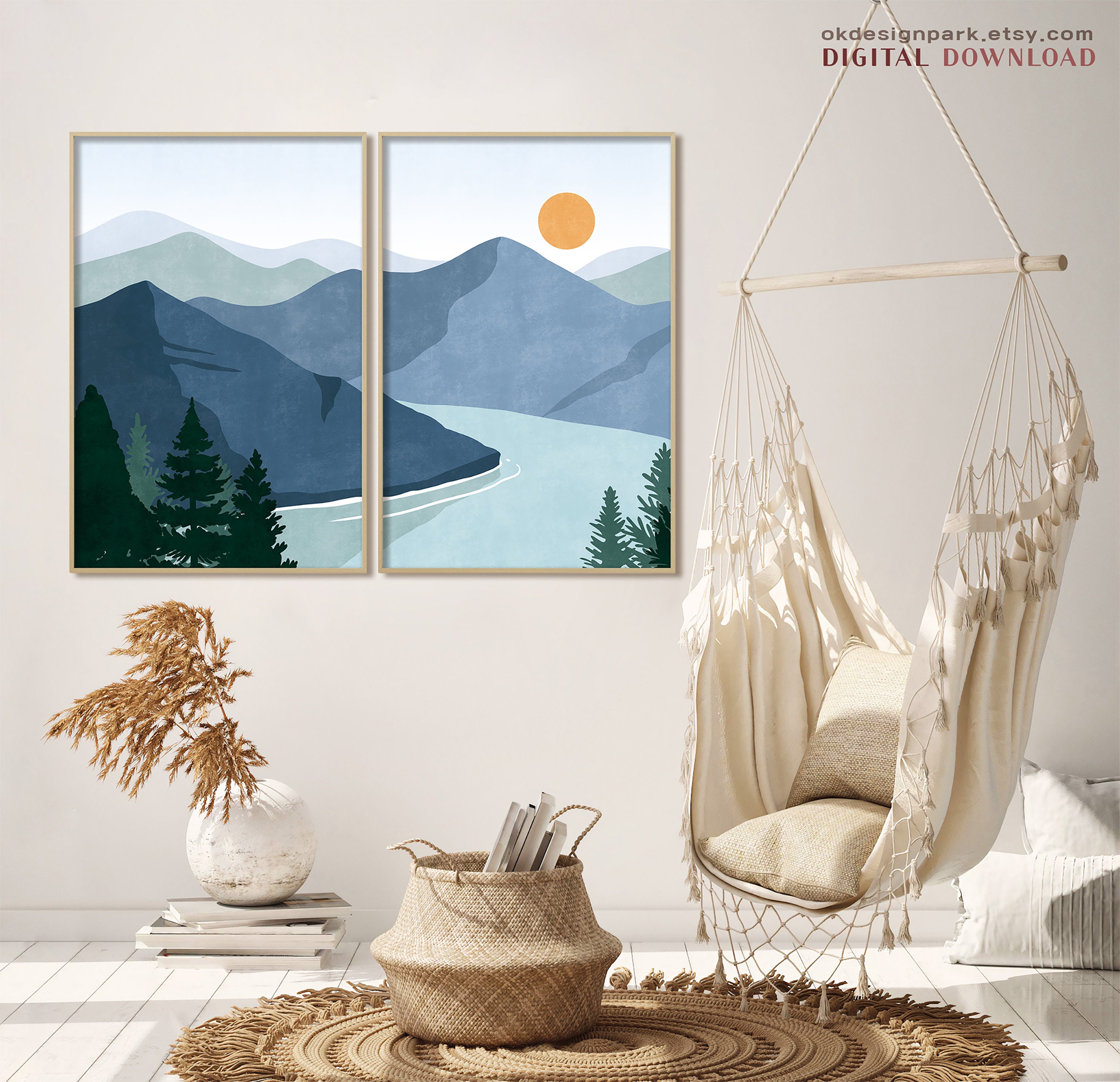 Landscape Print Set Print Set of 3 Minimalist Art Sun and | Etsy