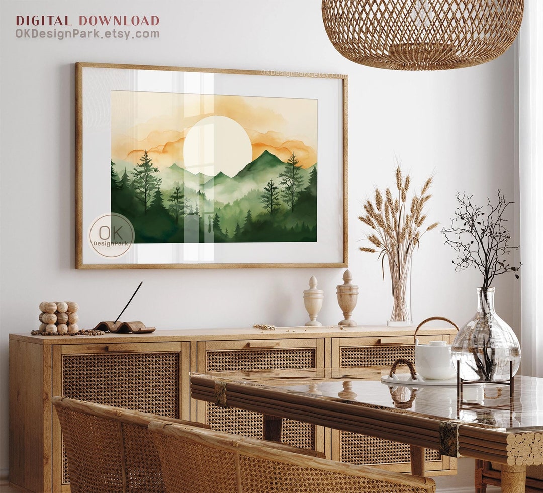 Sage Green Mountain Wall Art Watercolor Mountain Landscape, Sun Art ...