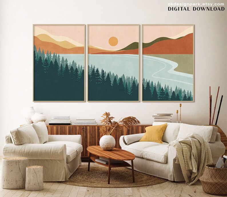 Minimalist Art Abstract Mountain Sun and Mountain Wall Art | Etsy