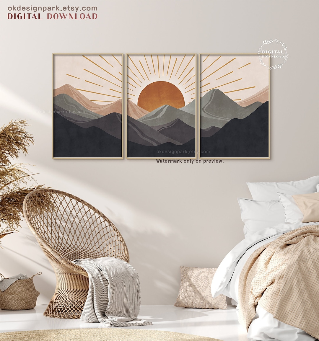 Abstract Wall Art, Boho Mountain Art, Print Set of 3, Terracotta ...