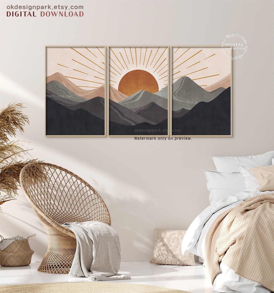 Abstract Wall Art Boho Mountain Art Print Set of 3 - Etsy