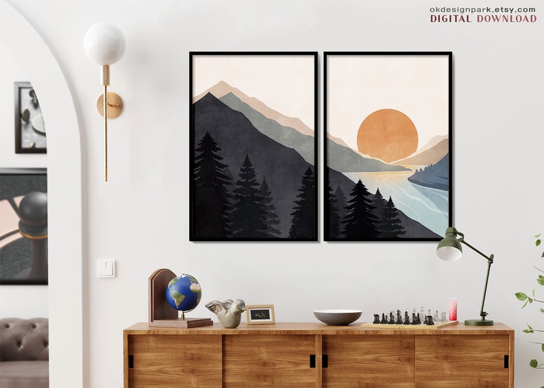 Abstract Mountain, Sun and Mountain Wall Art, Landscape Print Set ...
