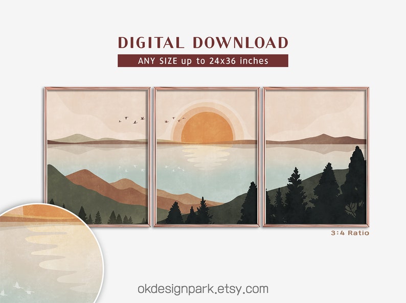 Abstract Mountain Sun and Mountain Wall Art Landscape Print | Etsy