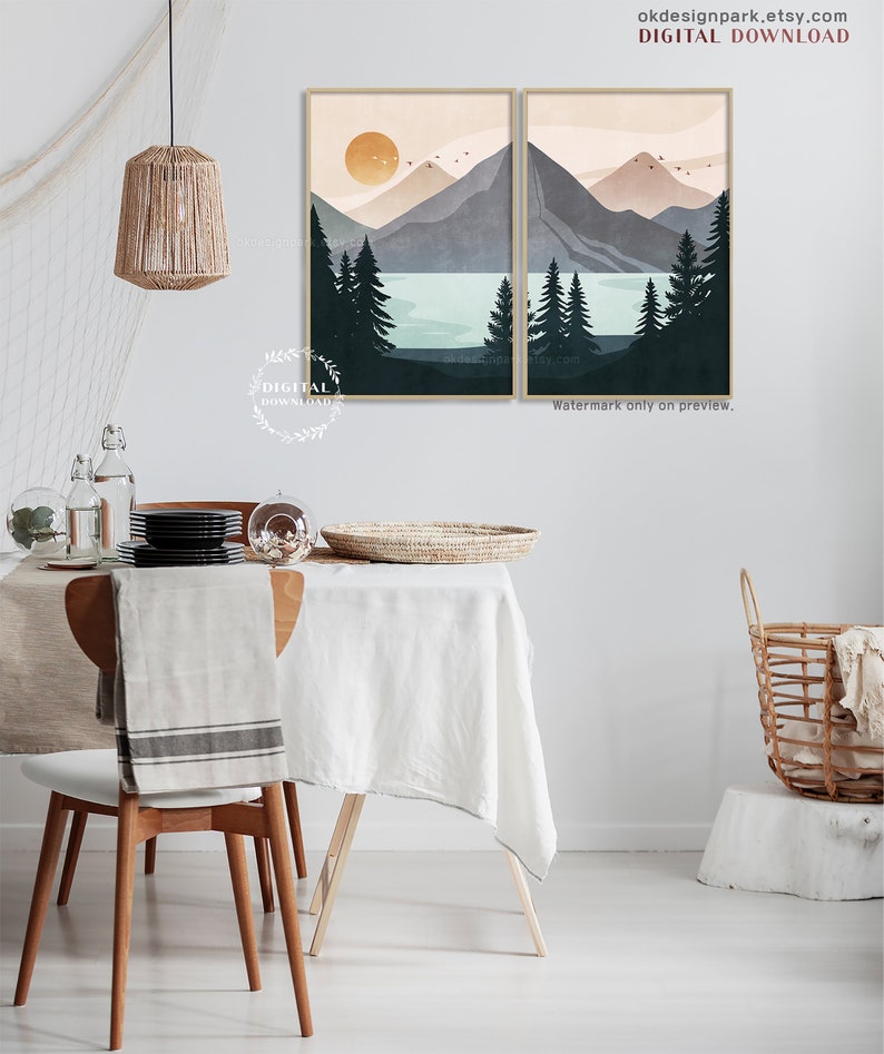 Sunset Poster, Masculine Wall Art, Sun and Mountain Wall Art, Abstract ...