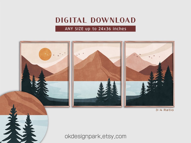 Abstract Mountain Sun and Mountain Wall Art Landscape Print - Etsy