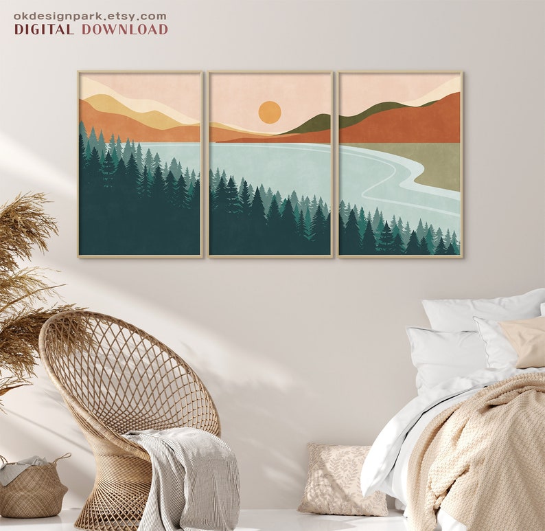 Minimalist Art Abstract Mountain Sun and Mountain Wall Art | Etsy