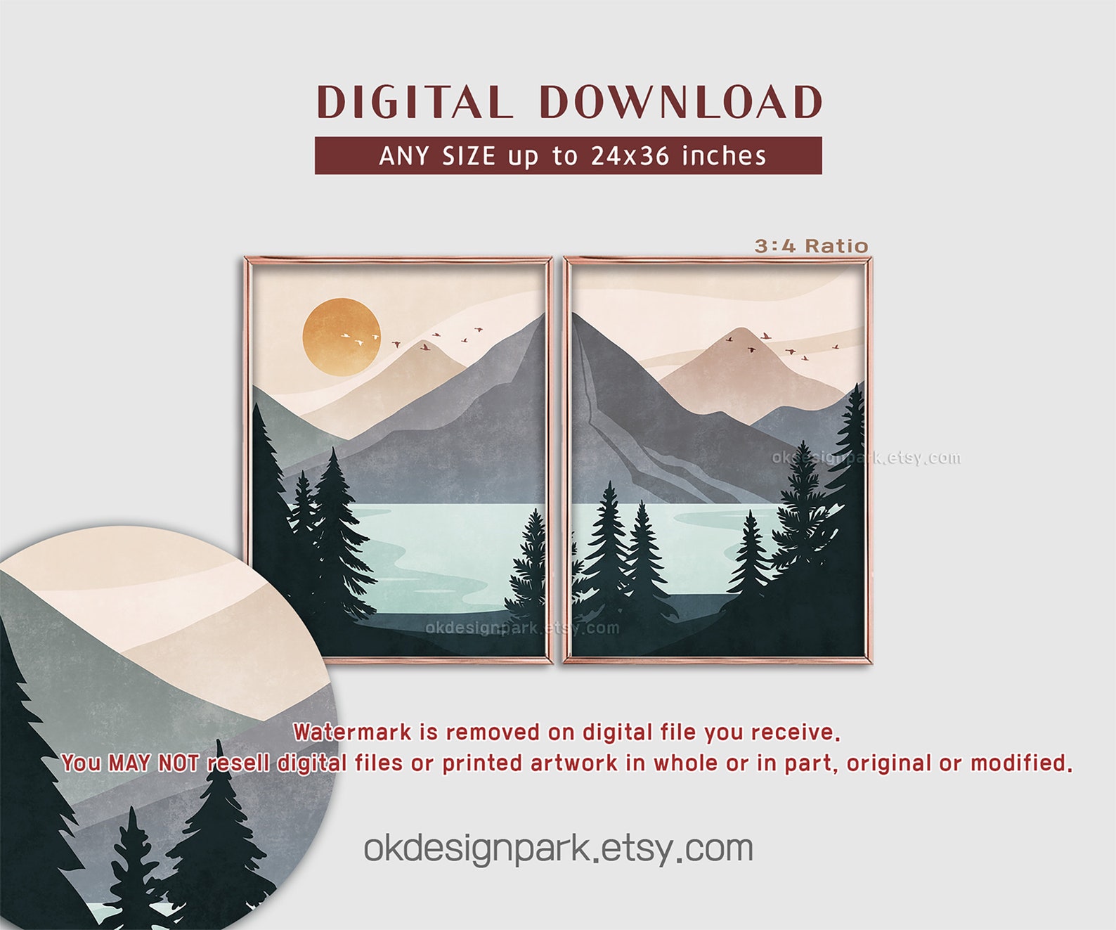 Sunset Poster, Masculine Wall Art, Sun and Mountain Wall Art, Abstract ...