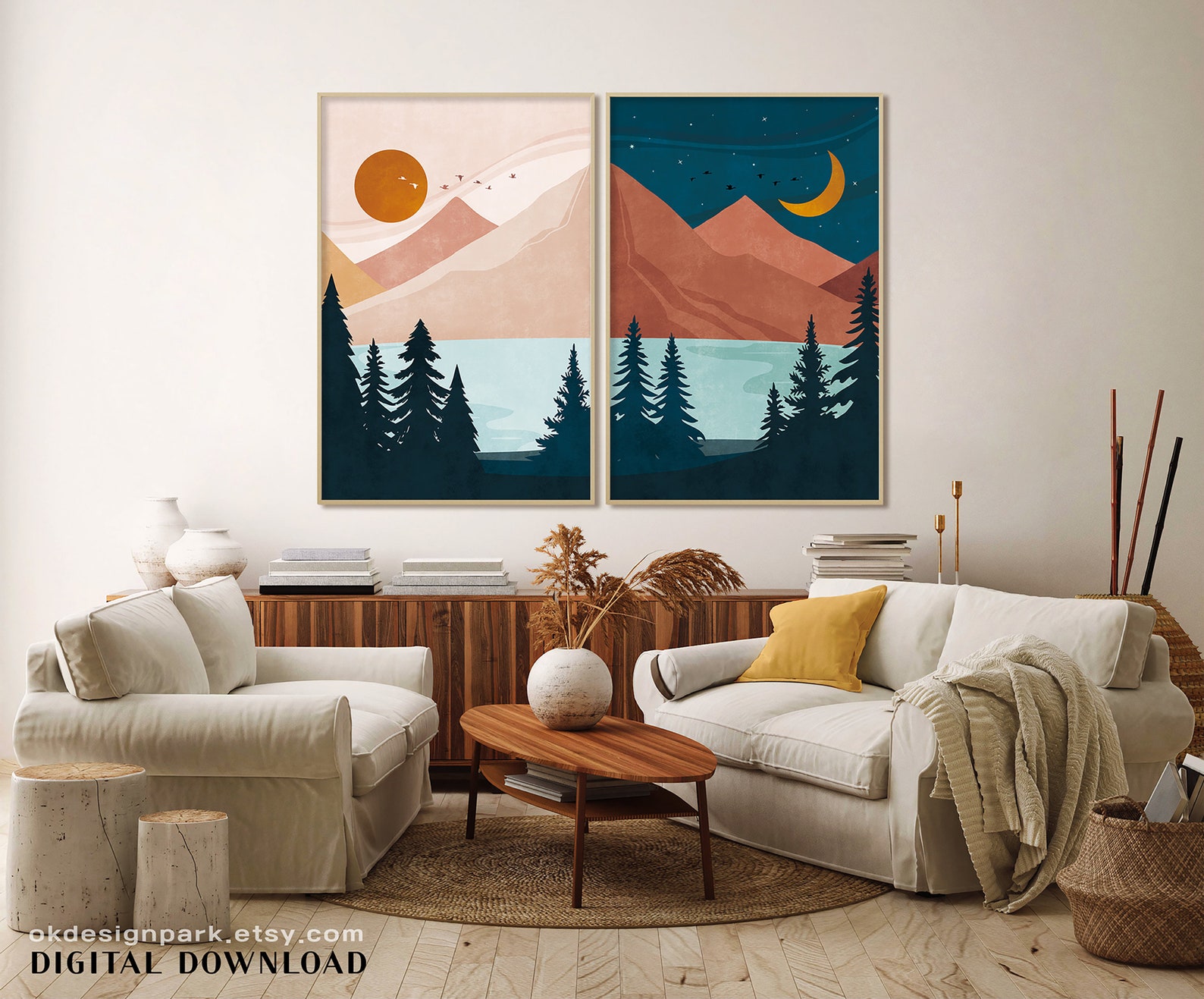 Printable Wall Art, Bedroom Wall Decor, Set of 2 Prints, Midcentury ...