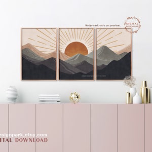 Abstract Wall Art, Boho Mountain Art, Print Set of 3, Terracotta ...