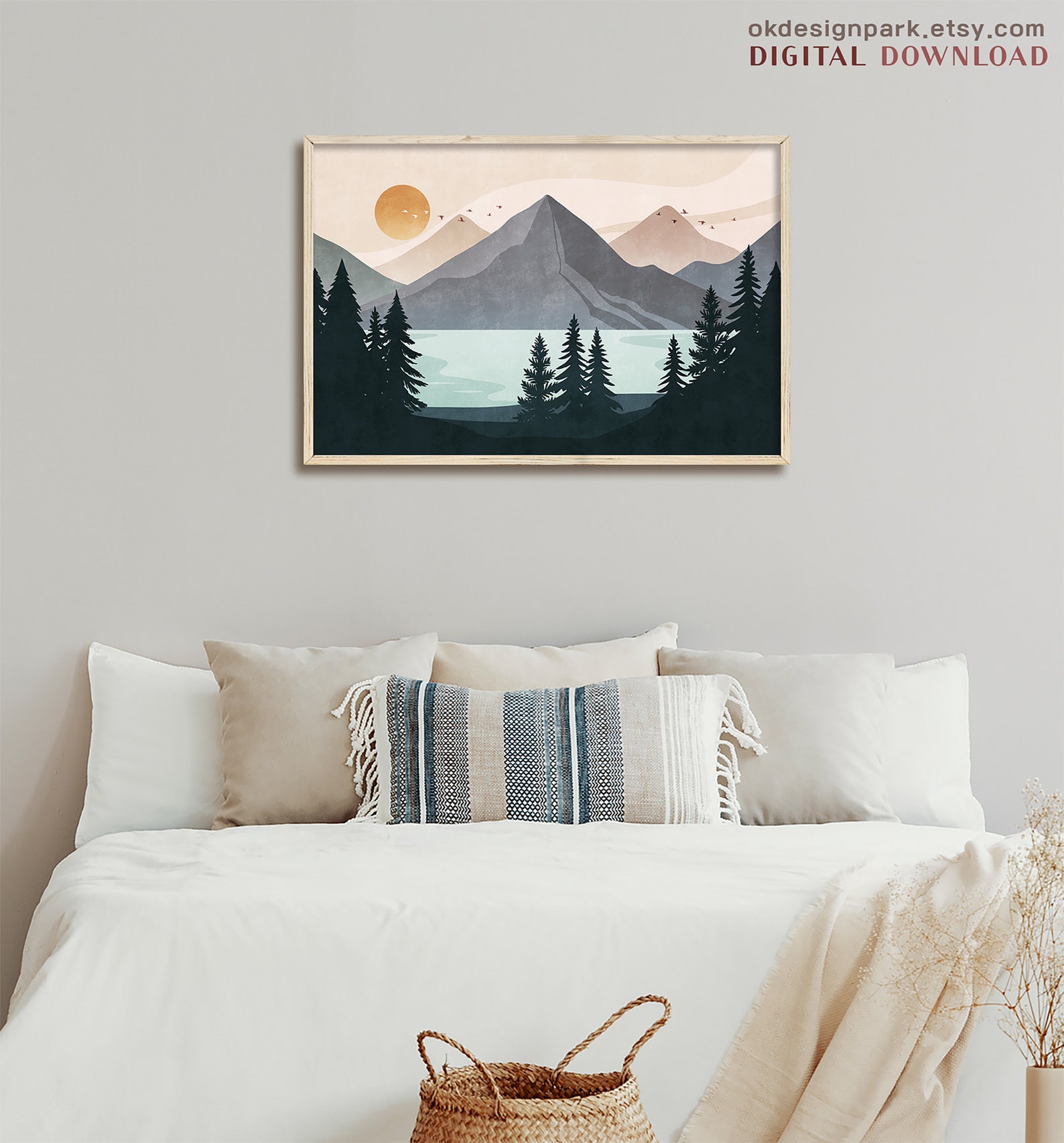 Abstract Mountain Sun and Mountain Wall Art Horizontal | Etsy