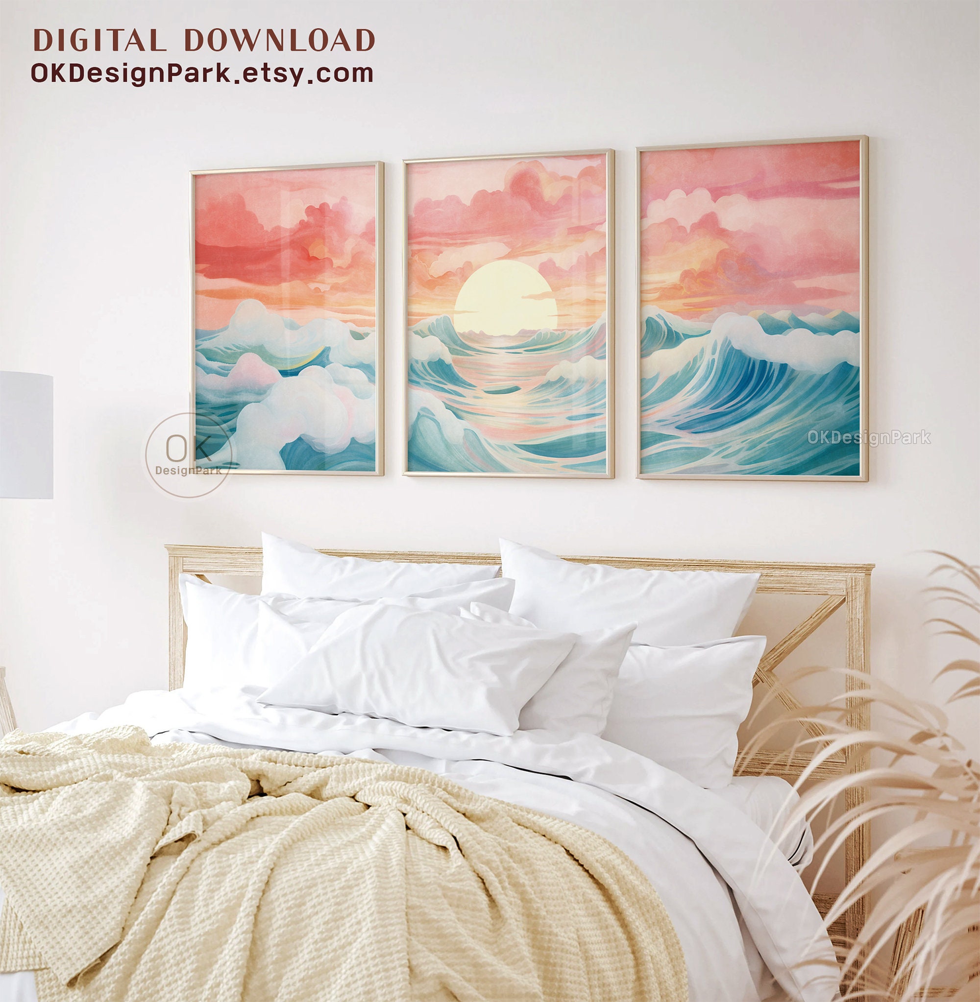 Colorful Sunset Print, Pastel Wall Art, Ocean Waves Print, Bedroom ...