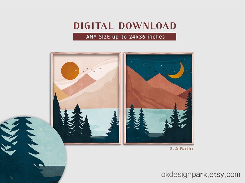 Printable Wall Art, Bedroom Wall Decor, Set of 2 Prints, Midcentury ...