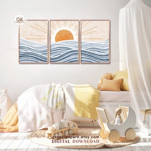 Boho Sun Art Print, Yellow Sun Poster, Sunrise Wall Art, Sun Nursery ...