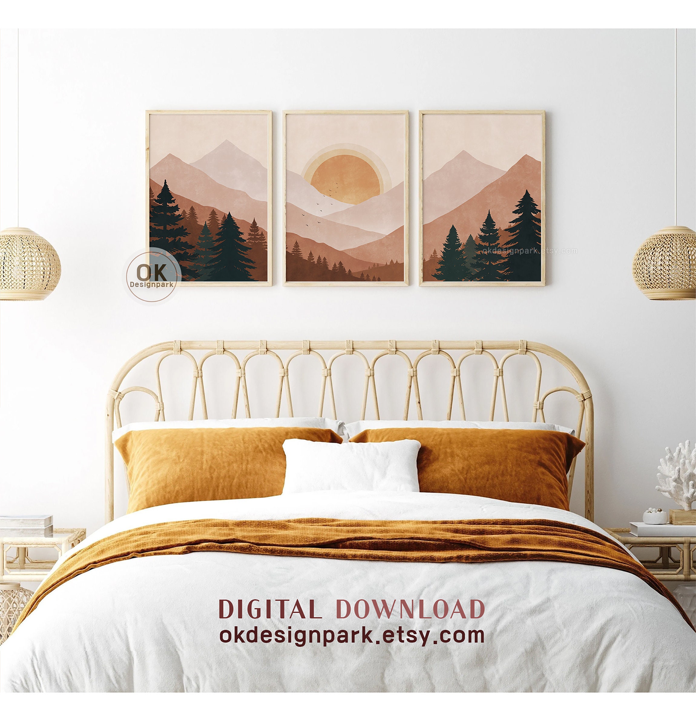Abstract Mountain, Boho Decor, Set of 3 Prints, Terracotta Wall Art, 3 ...