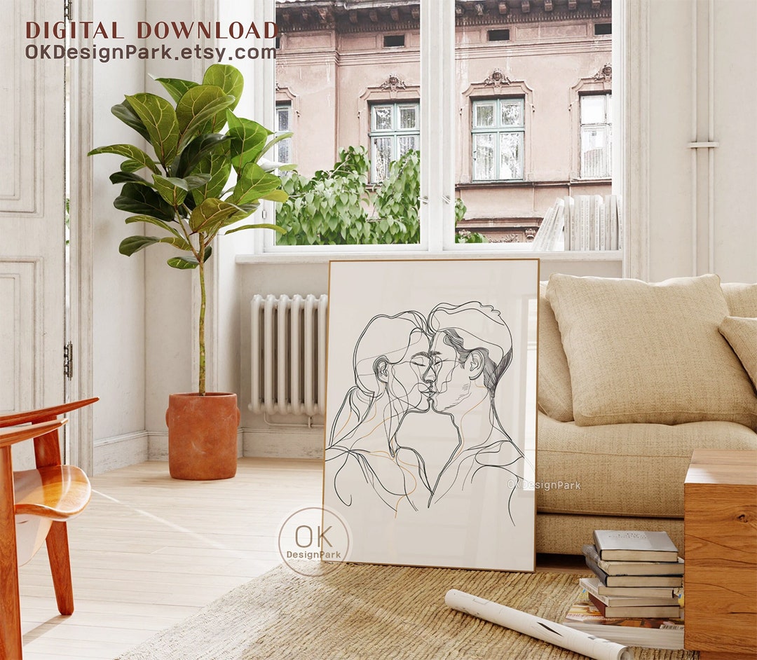 Abstract Couple Line Art Love Print, Couple One Line Drawing, Kissing ...