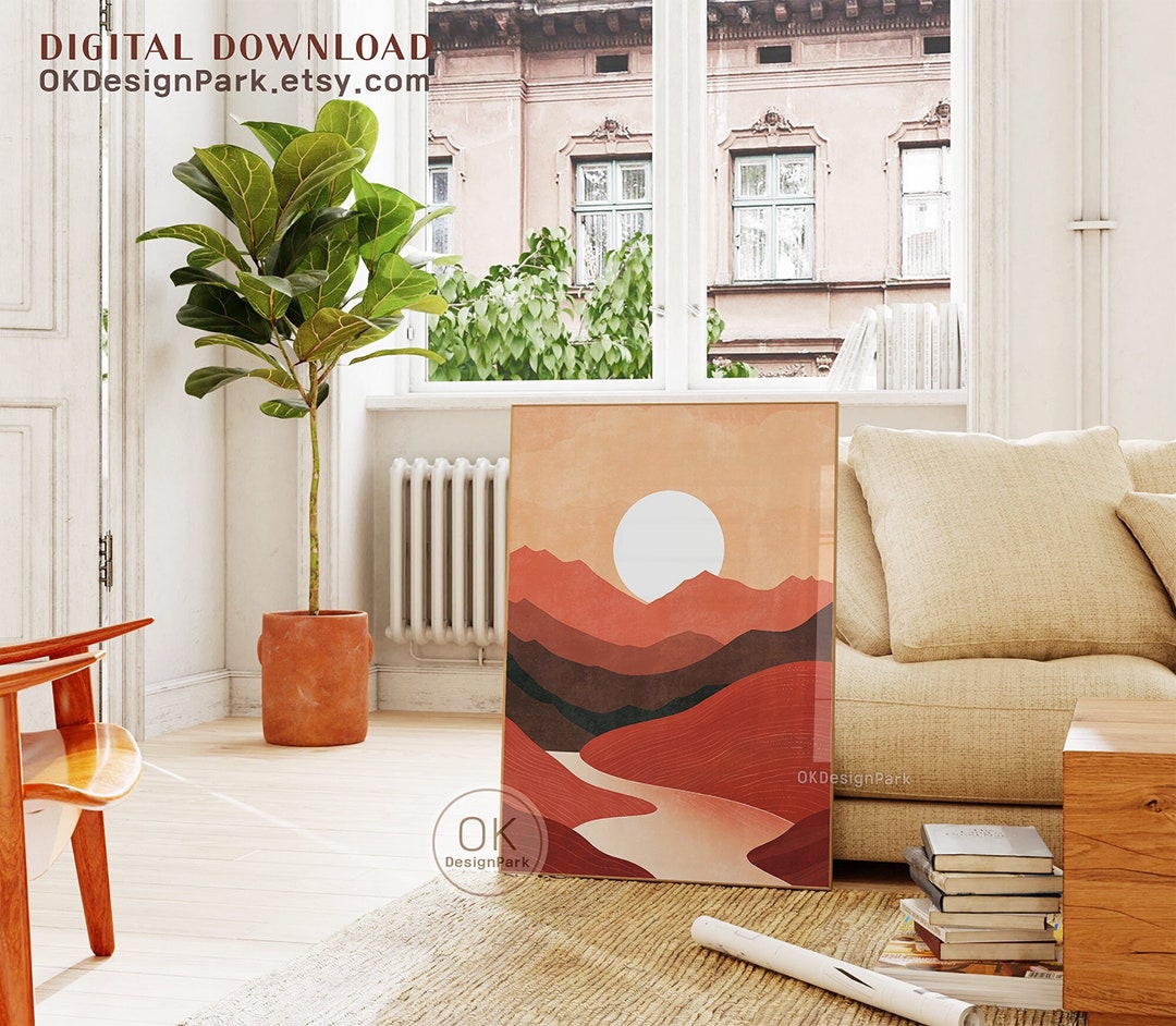 Sun Landscape Art Print, Abstract Mountains Poster, Printable Neutral ...