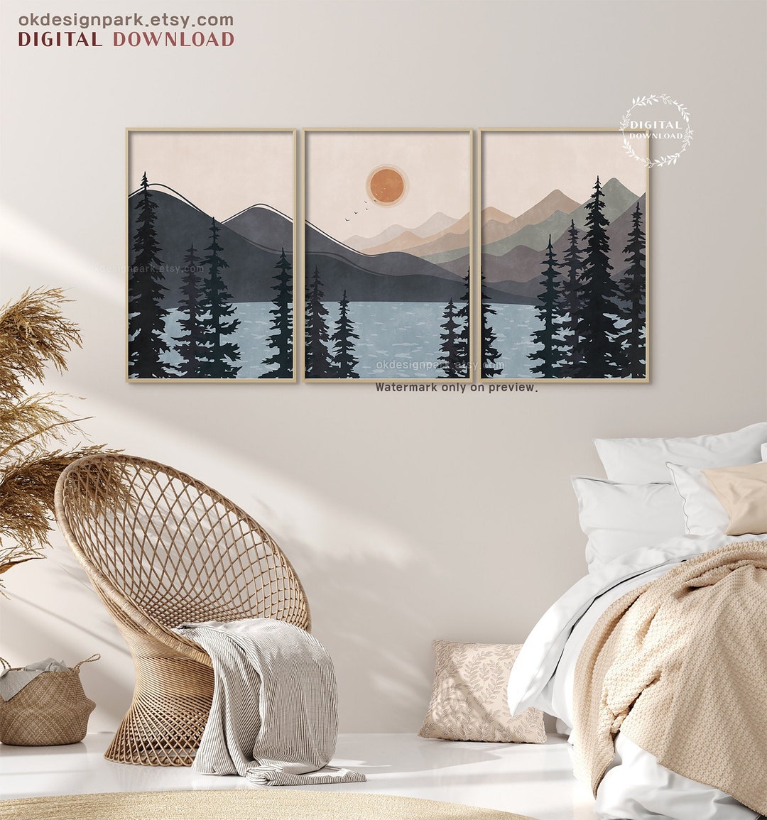 Abstract Mountain, Sunset Poster, Sun and Mountain Wall Art, Landscape ...