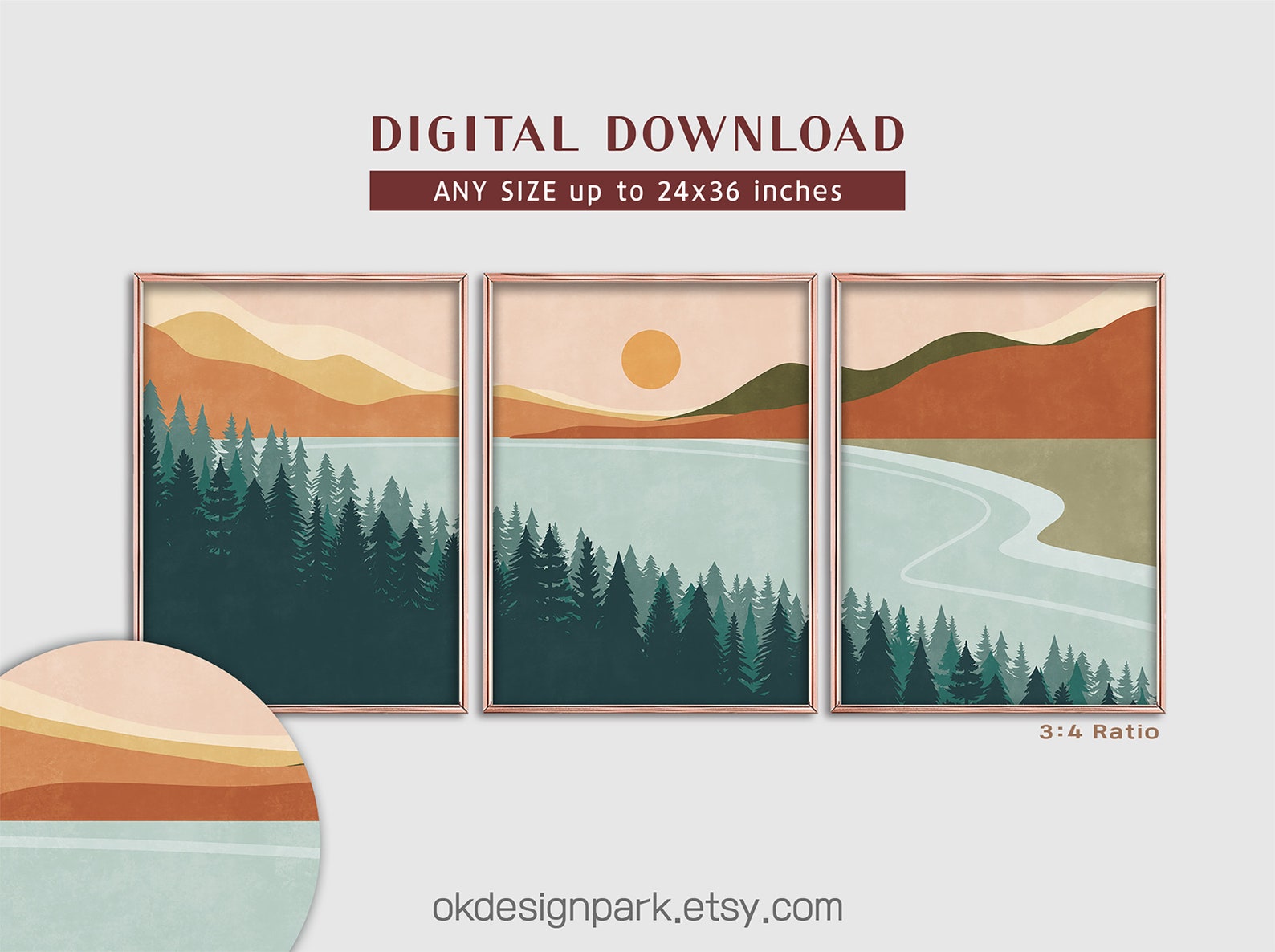 Minimalist Art Abstract Mountain Sun and Mountain Wall Art | Etsy