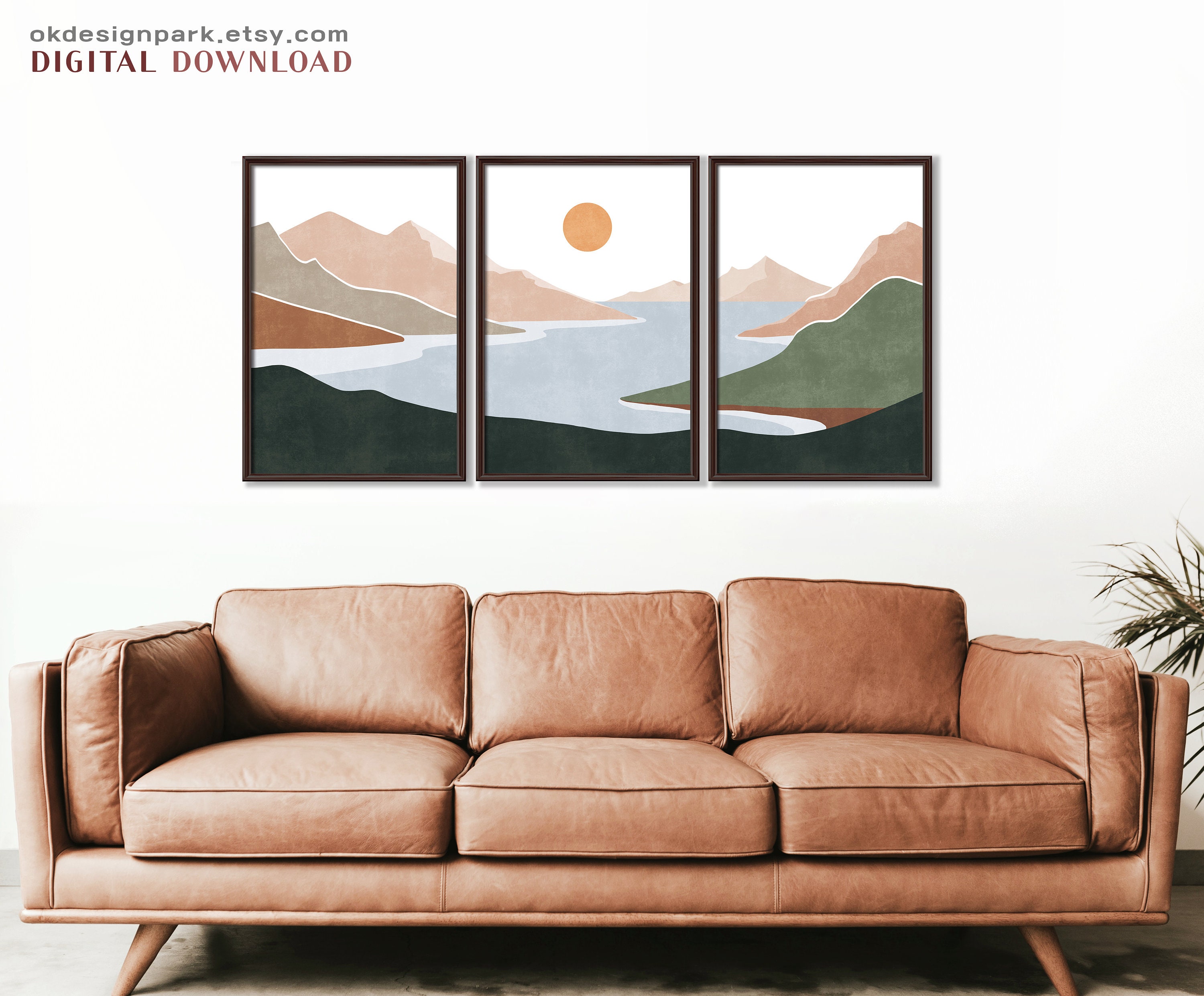 Print Set of 3 Minimalist Art Abstract Mountain Sun and | Etsy