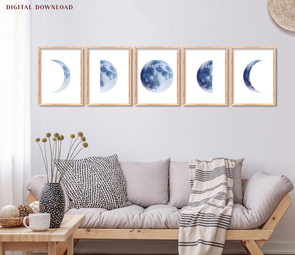 Moon Wall Art Moon Phase Print Set of 5 Moon Prints Living - Etsy