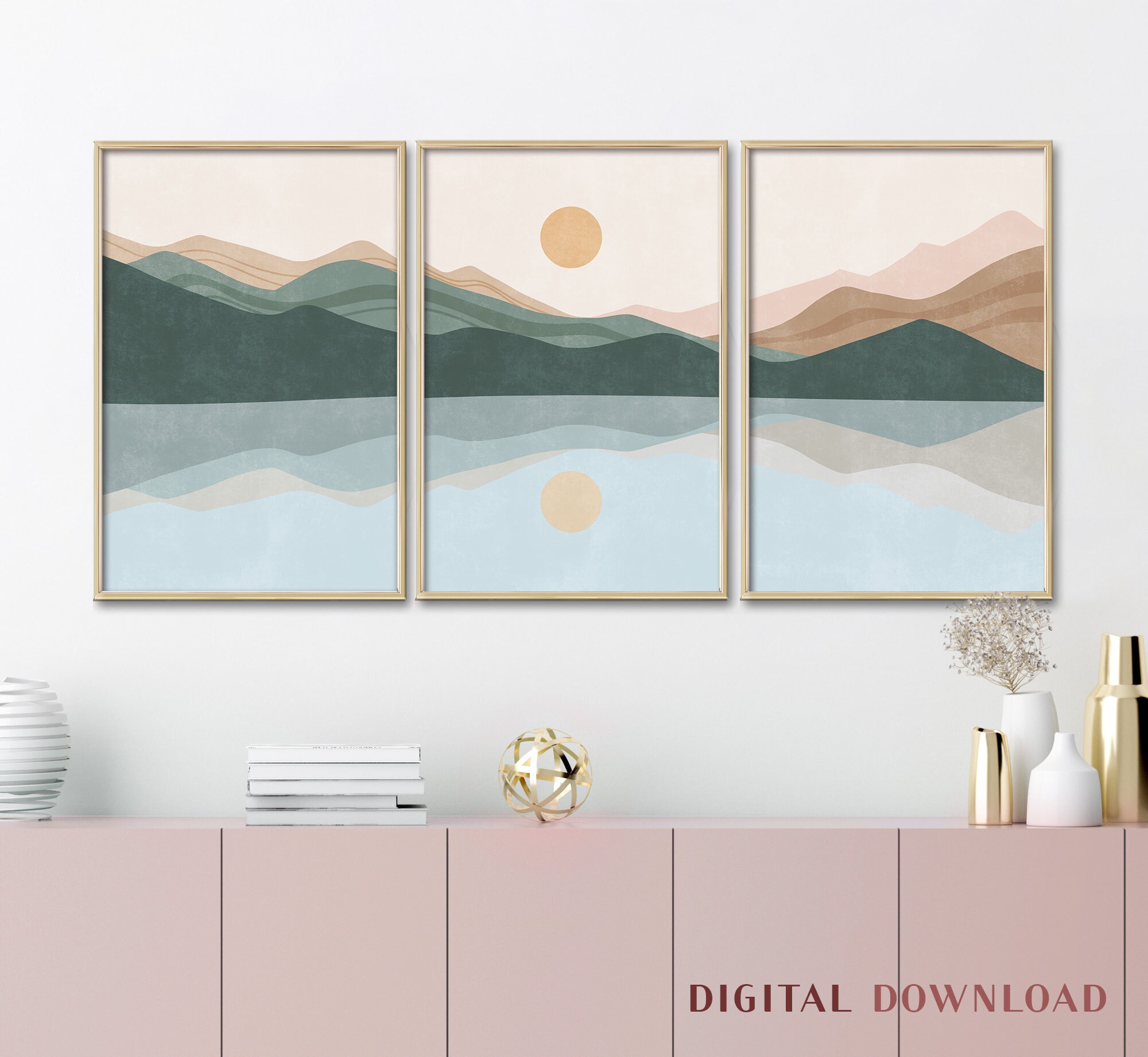 Landscape Print Set Sun and Mountain Wall Art Print Set of | Etsy