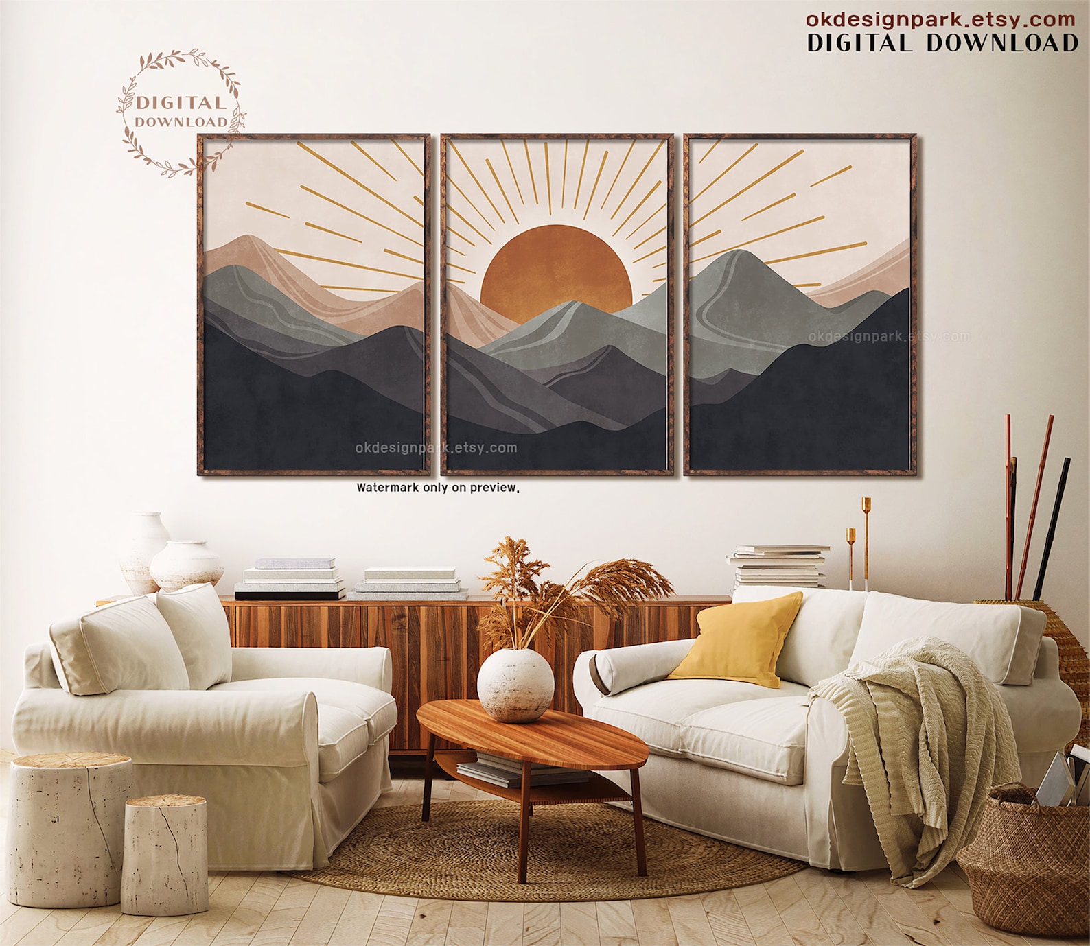 Abstract Wall Art Boho Mountain Art Print Set of 3 - Etsy