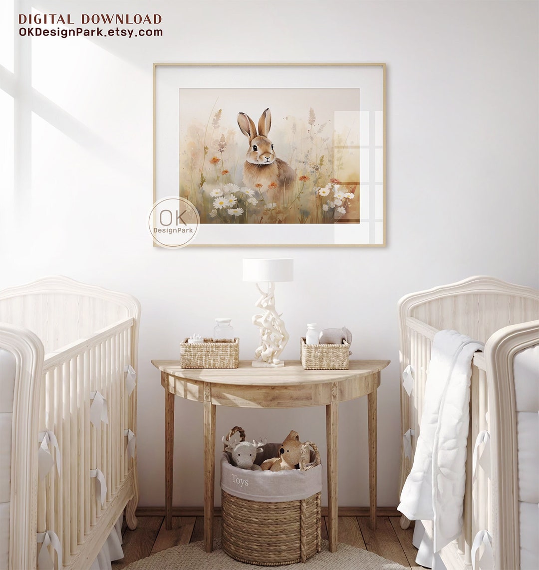 Spring Bunny Rabbit Printable Wall Art, Wildflower Field Art Easter ...