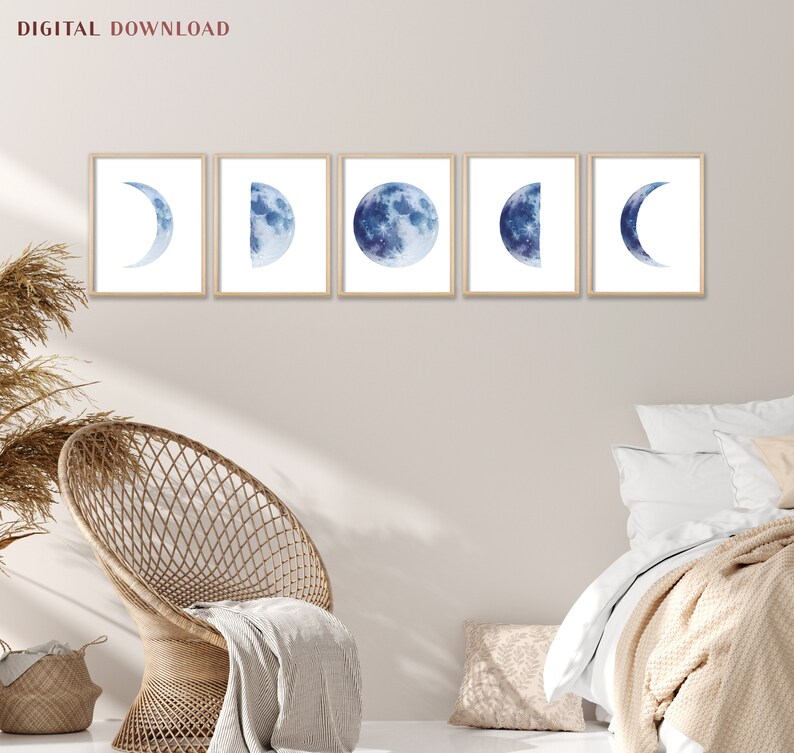 Moon Wall Art Moon Phase Print Set of 5 Moon Prints Living - Etsy