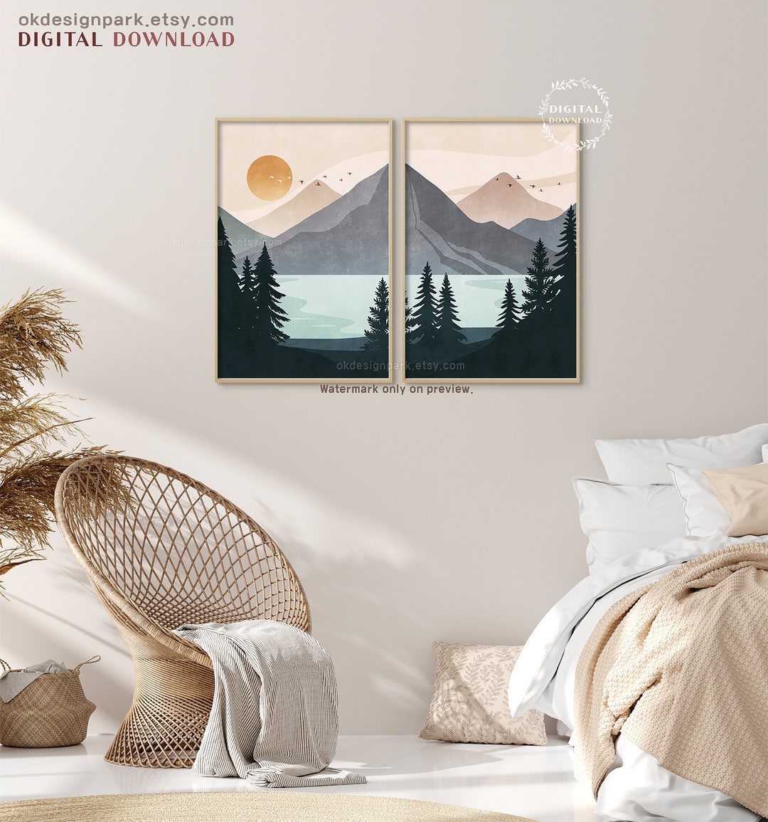 Sunset Poster, Masculine Wall Art, Sun and Mountain Wall Art, Abstract ...
