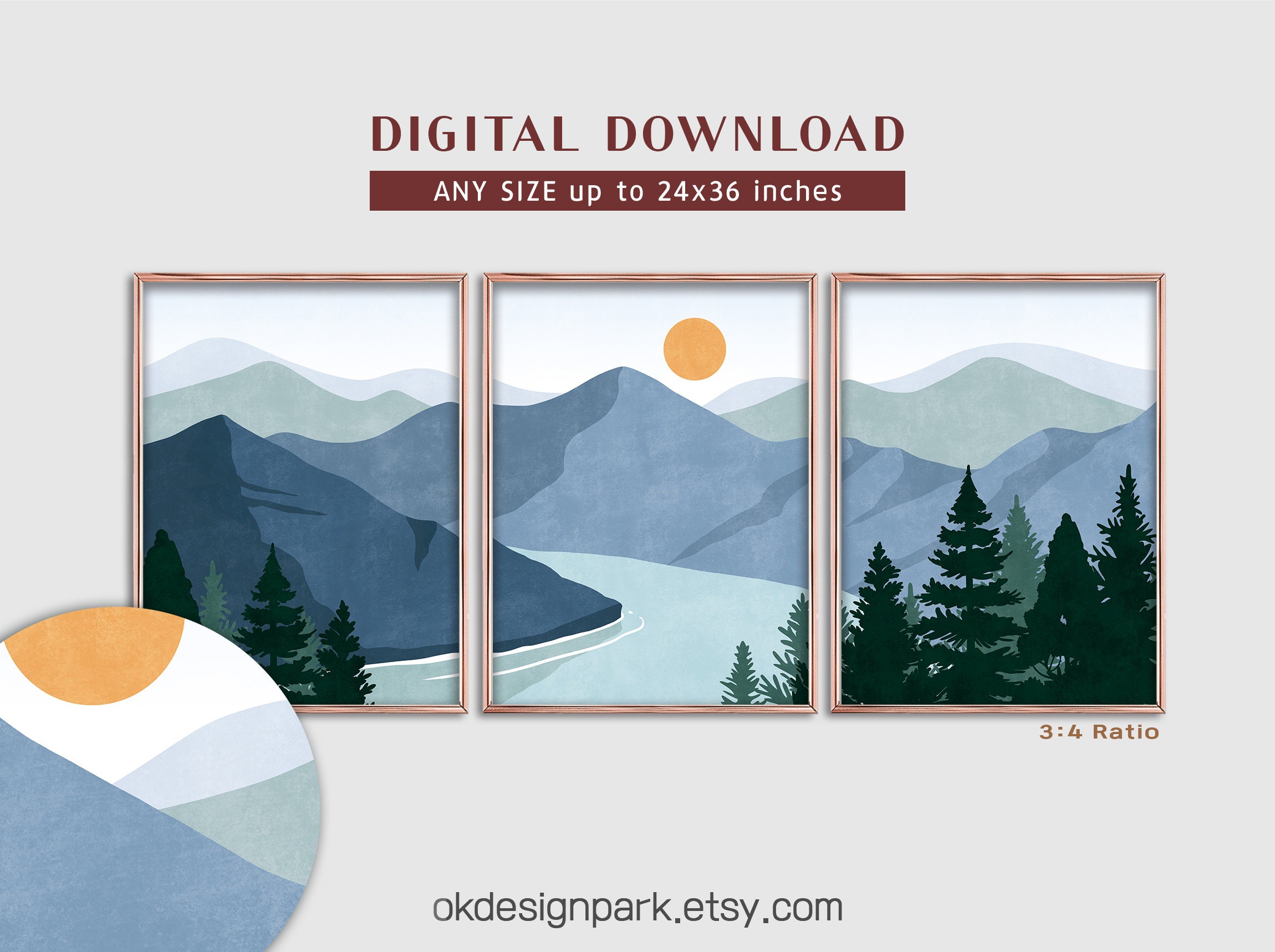 Landscape Print Set Print Set of 3 Minimalist Art Sun and | Etsy