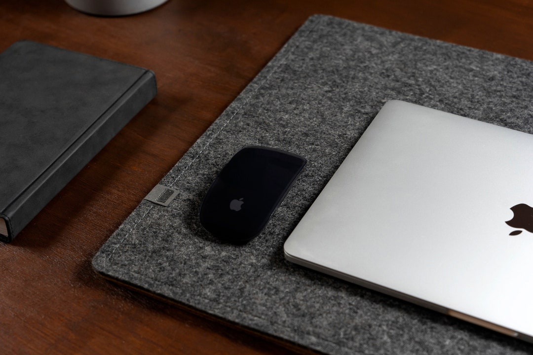 Large Merino Wool Felt Desk Mat, Cork Base, Stitch on Edge, Dark Grey ...