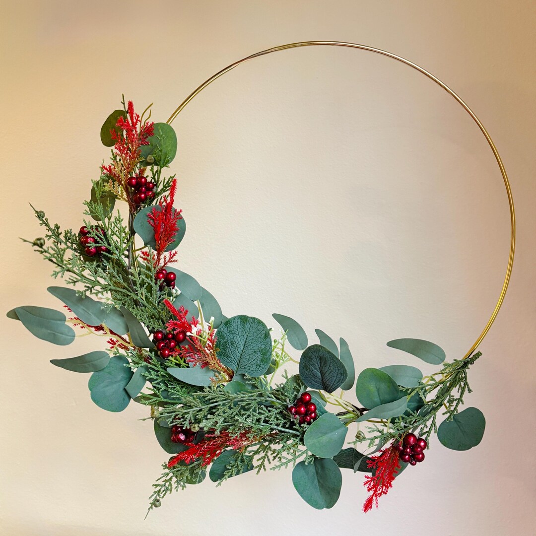 Modern Winter Cedar Hoop Wreath – Gold Hoop Wreath With Red Berries and ...