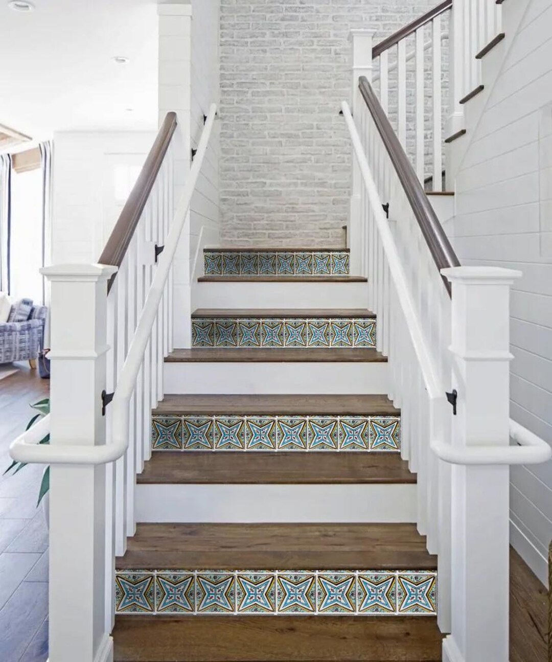 Authentic Stair Riser Tiles, Ceramic 4x4 Blue & Black Hand Painted Step Riser, Custom Made ...