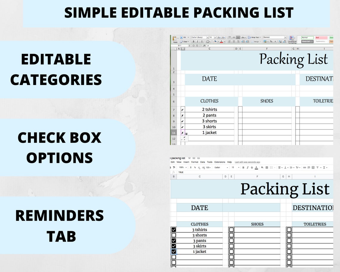 Editable Simple Packing List. Two Pages Editable Digital Packing List ...